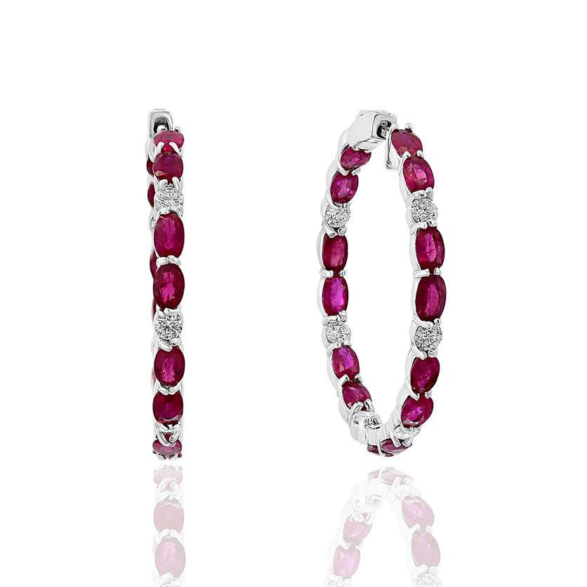 14K WHITE GOLD OVAL RUBY AND ROUND DIAMOND HOOP EARRINGS