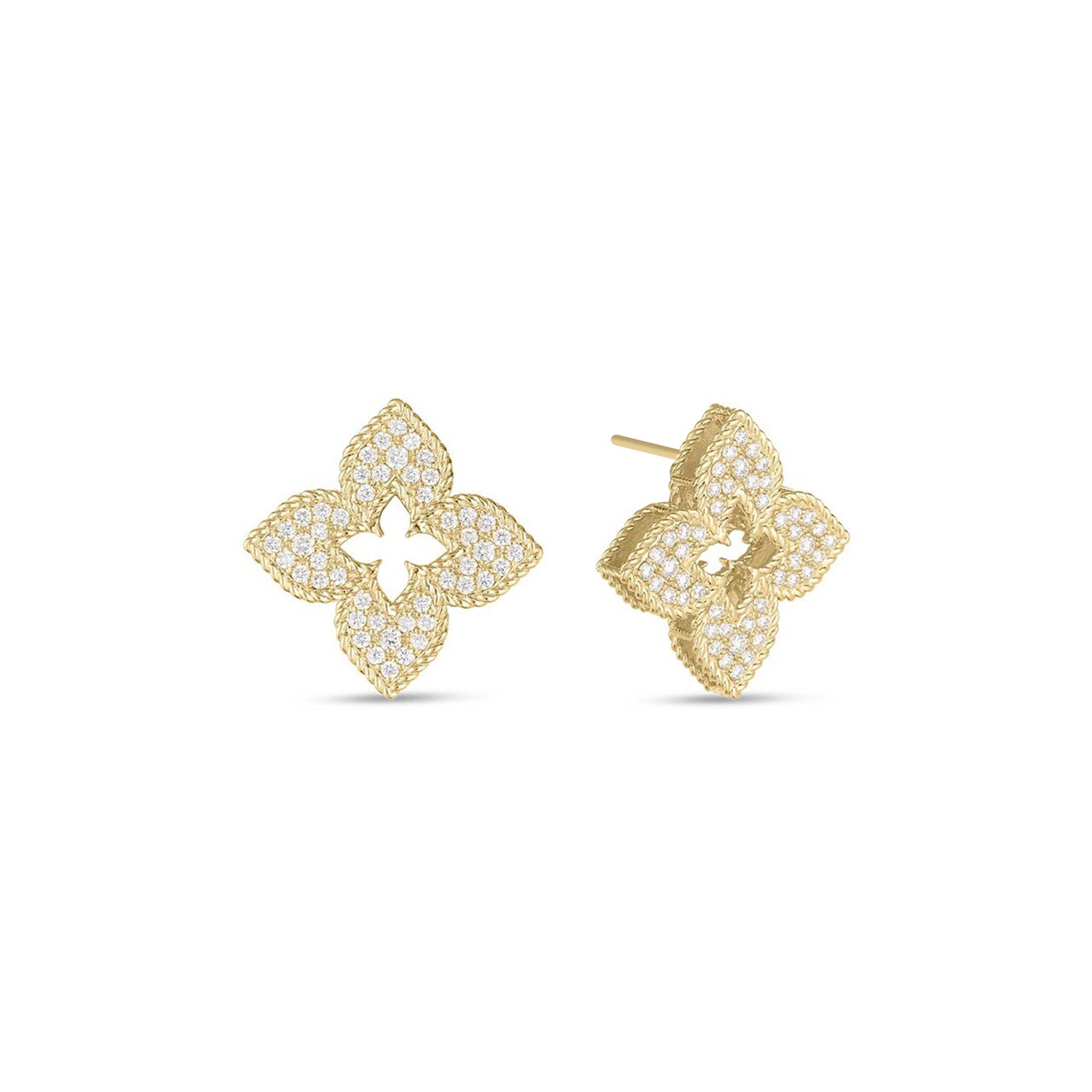 Venetian Princess Four Point Flower Pave Diamond Earrings in 18K Yello
