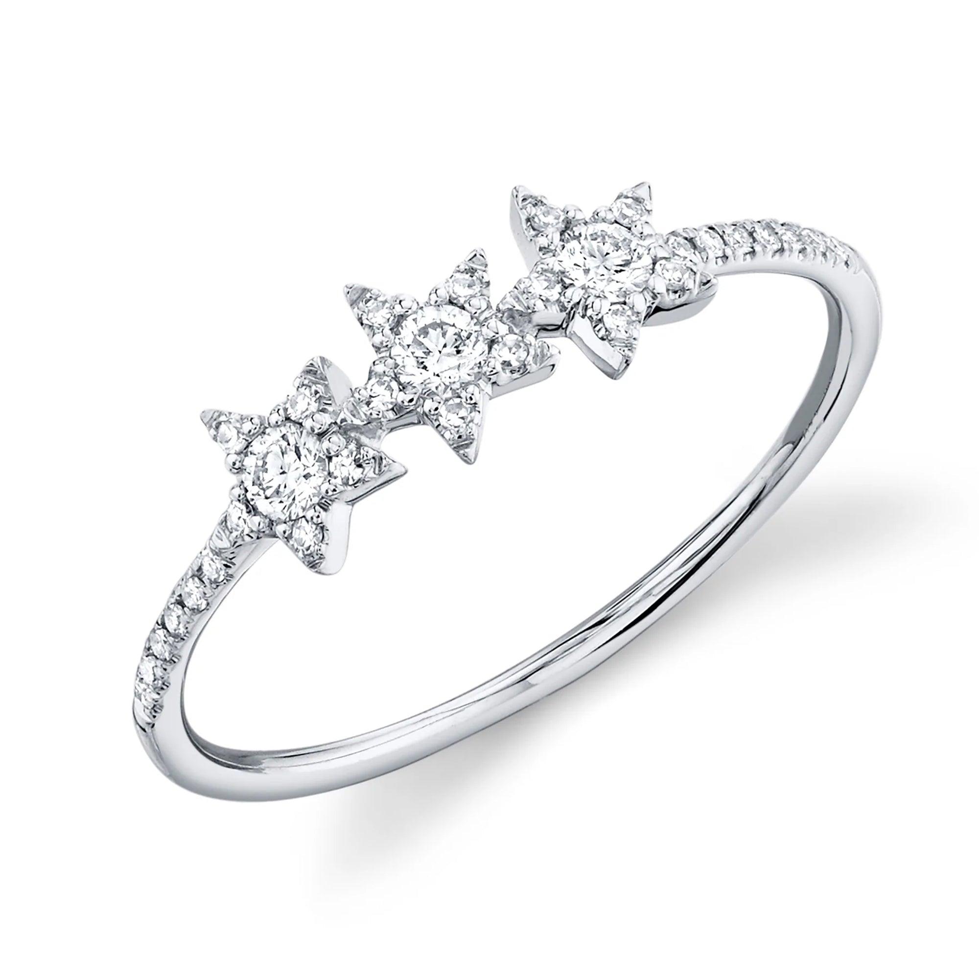 3 Star Diamond Ring in 14K White Gold