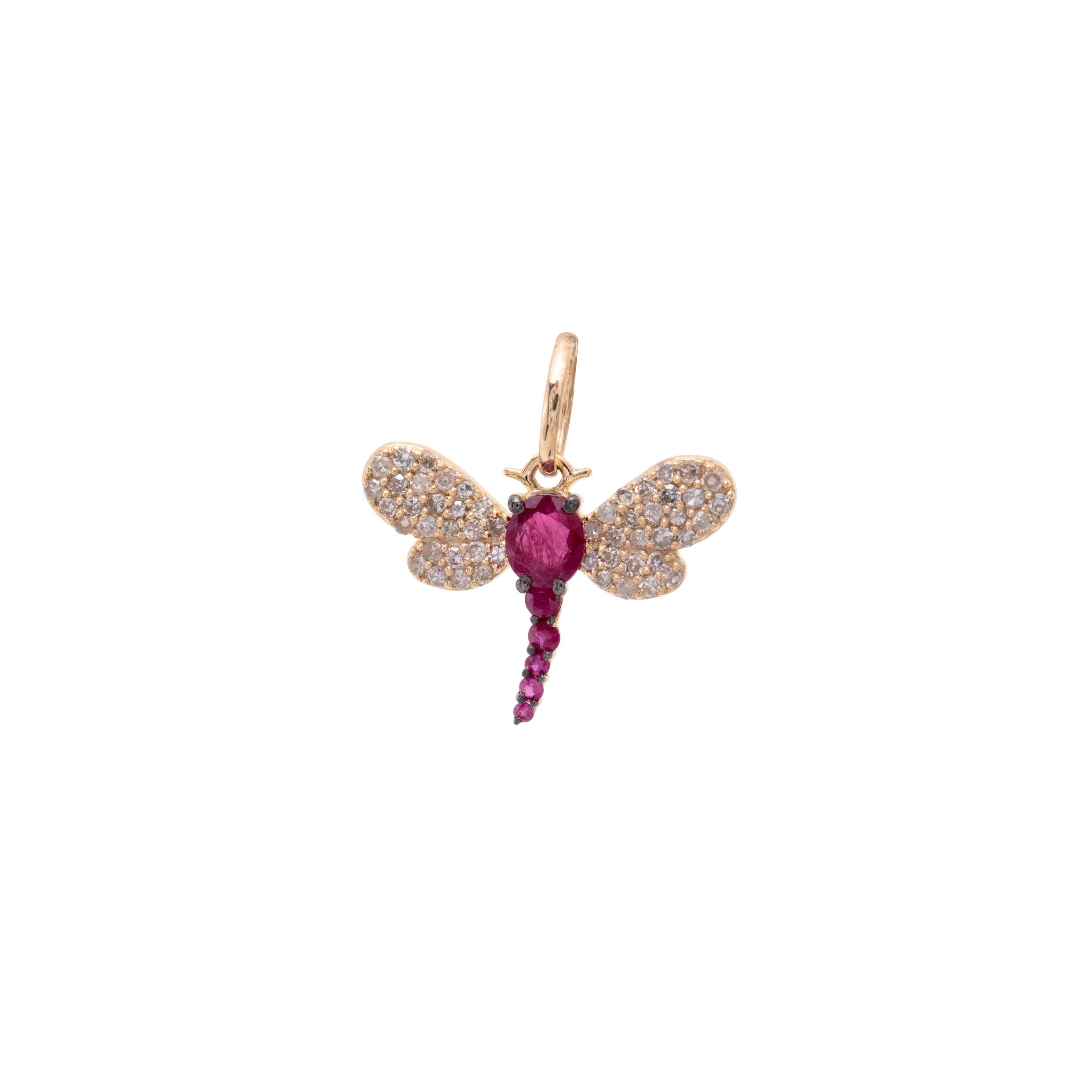 14K GOLD DIAMOND AND RUBY DRAGONFLY CHARM