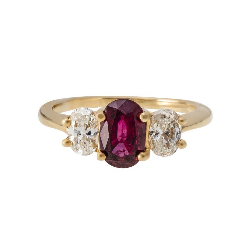 Oval Ruby and Diamond Three Stone Ring in 14K Yellow Gold