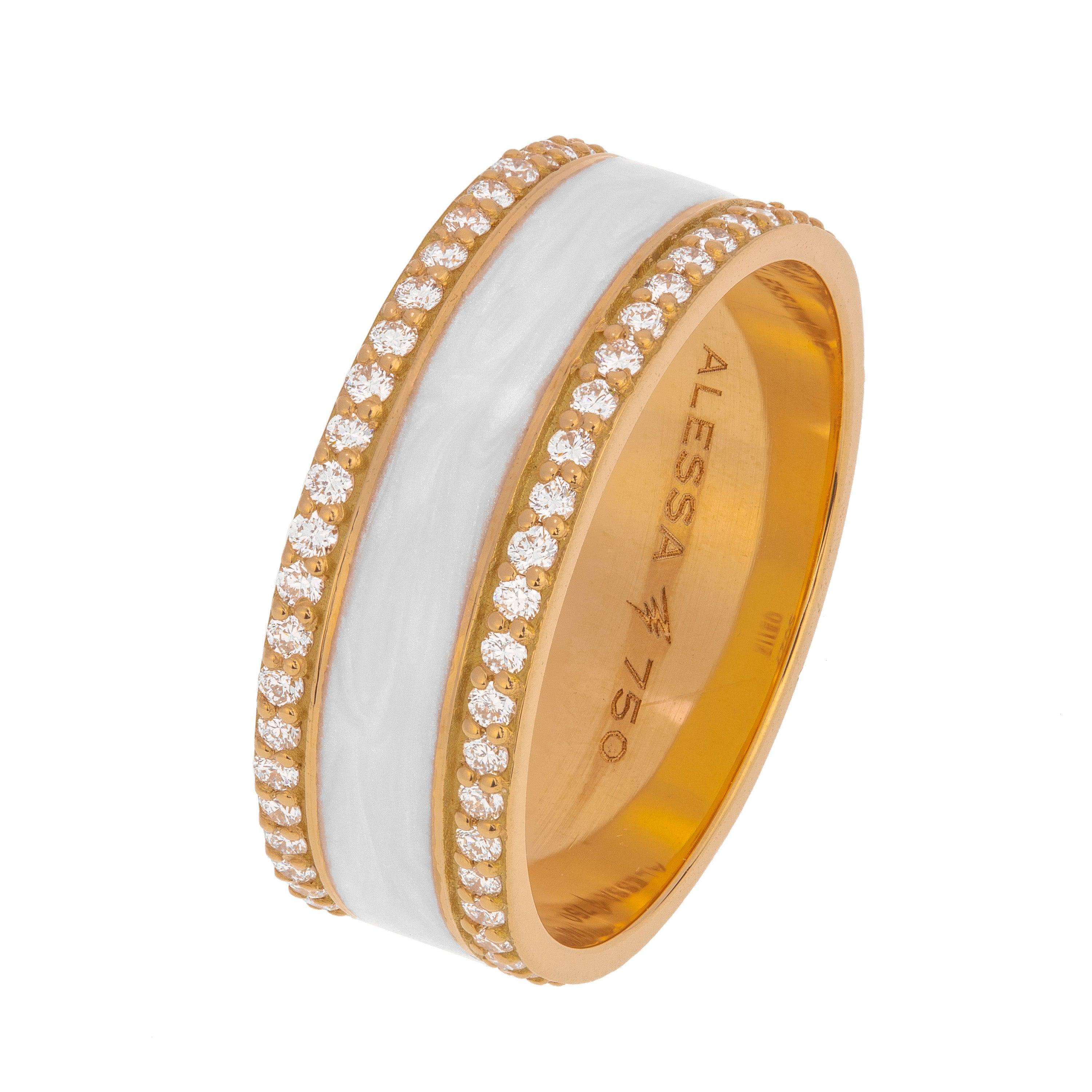 18K Yellow Gold Diamond and White Enamel Ring