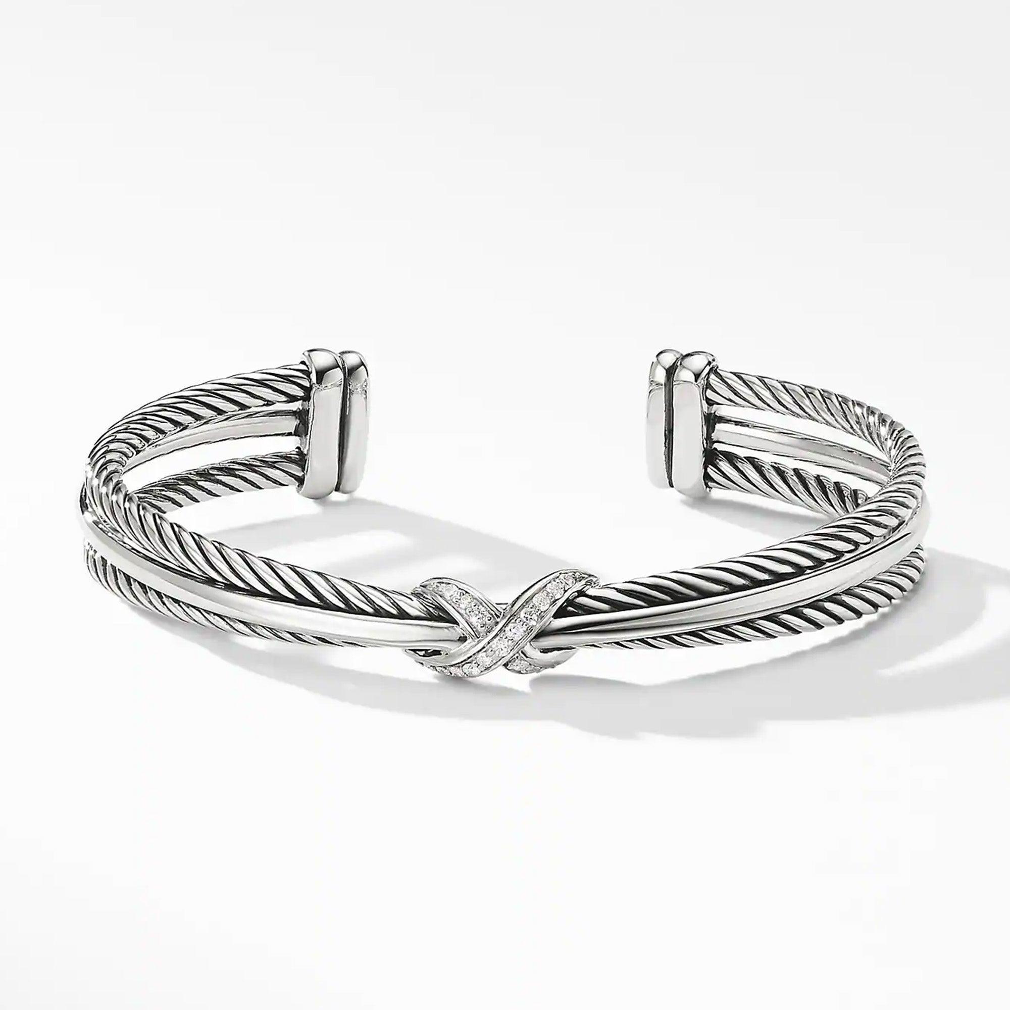 Crossover X Bracelet in Sterling Silver with Pavé Diamonds